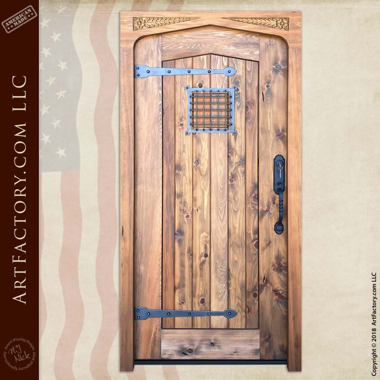 Custom Wooden Fortress Door: With Genuine Wrought Iron Plated Panel