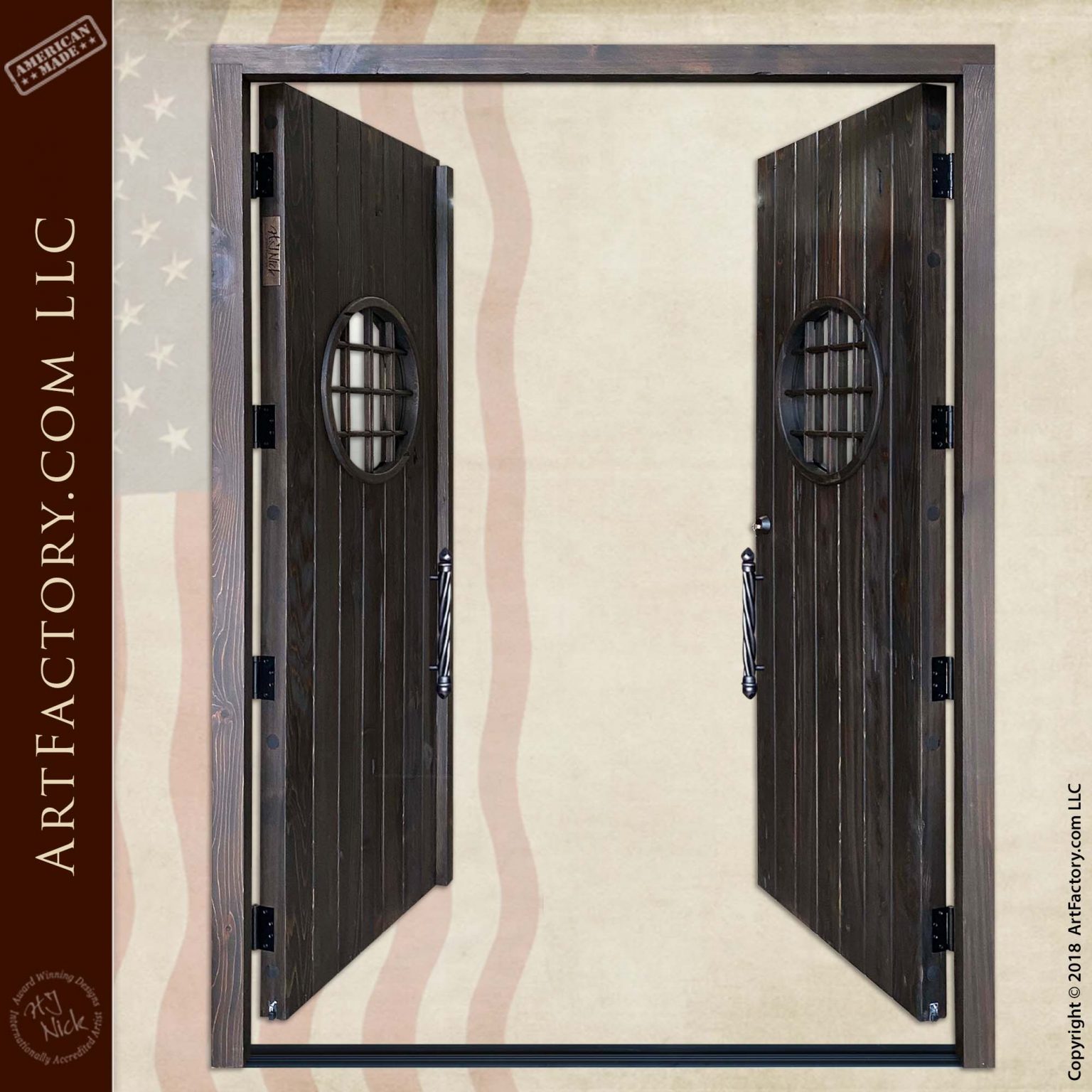 Vertical Plank Double Doors: Solid Wood With Custom Round Windows