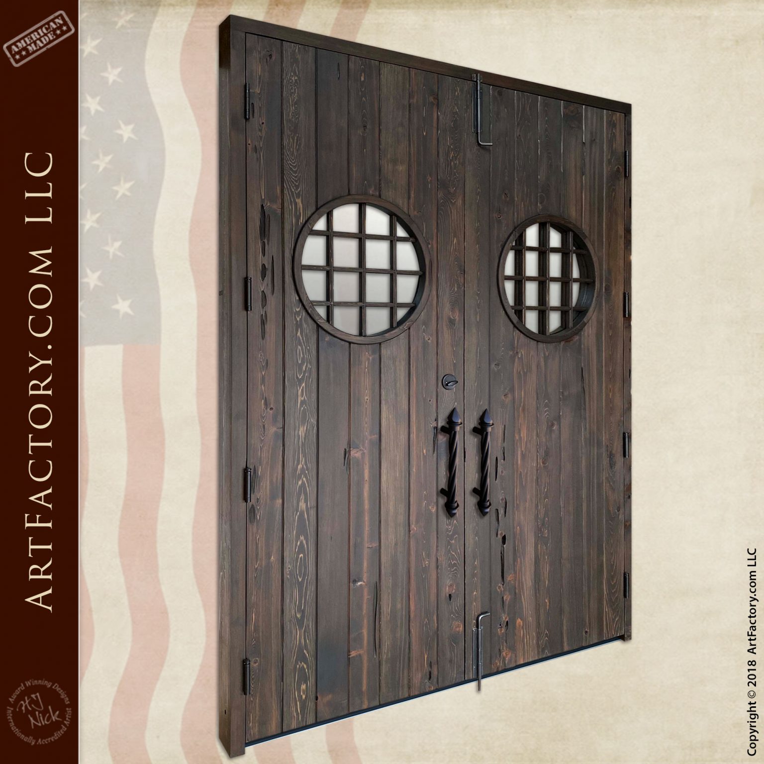 Vertical Plank Double Doors: Solid Wood With Custom Round Windows