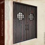 Vertical Plank Double Doors: Solid Wood With Custom Round Windows