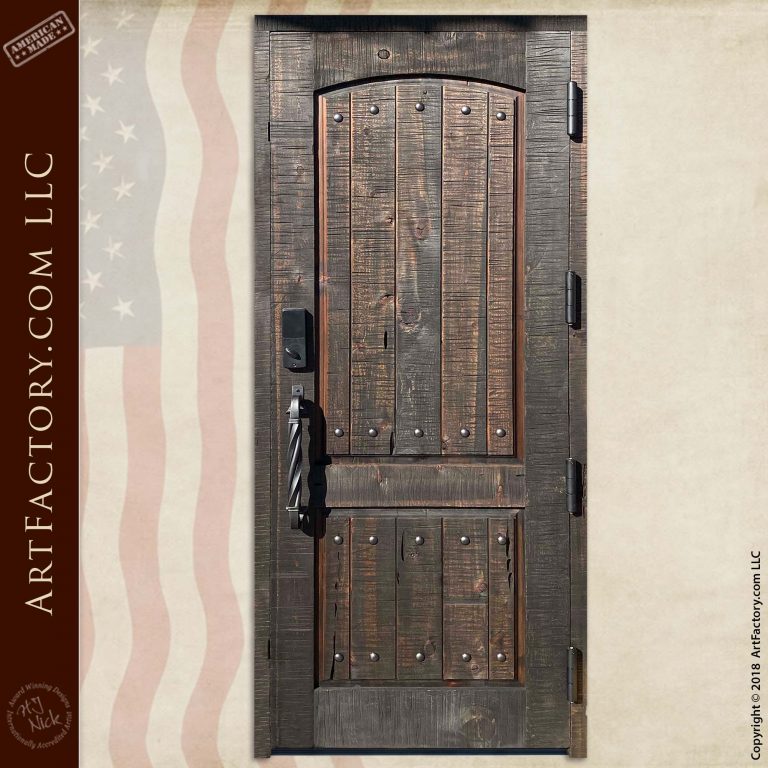 Rough Sawn Wooden Door: Custom Hand-Forged Wrought Iron Hardware