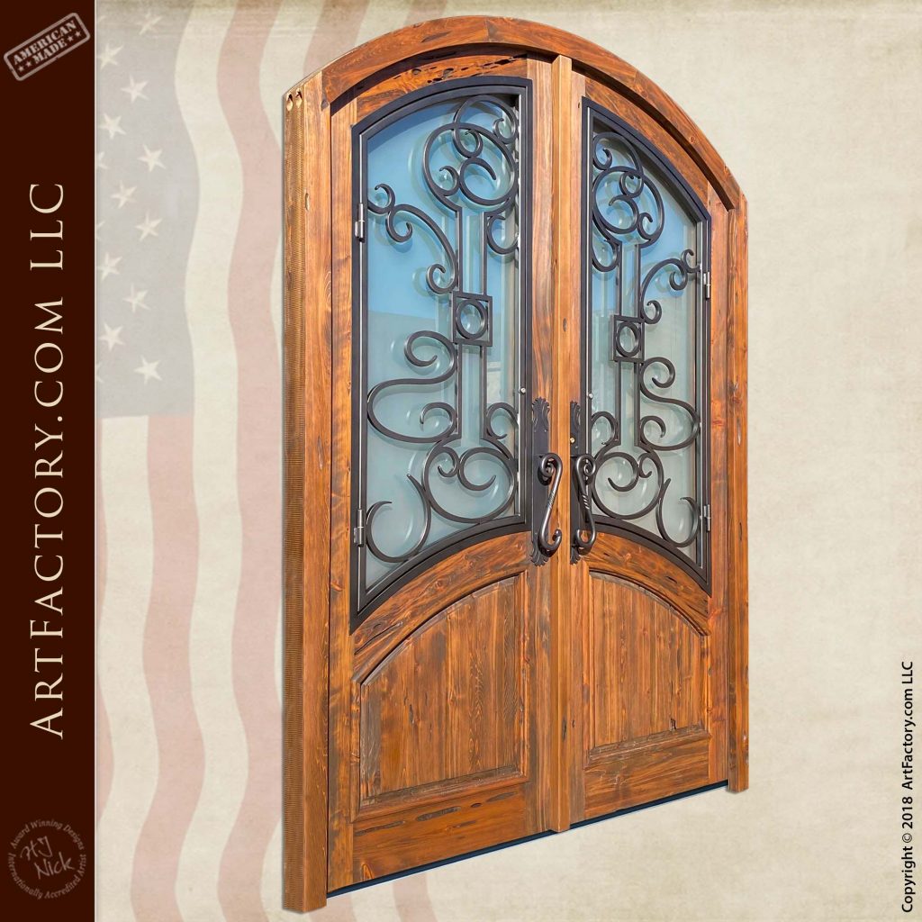Arched French Ironwork Door: Solid Wood Fine Art Custom Entrance