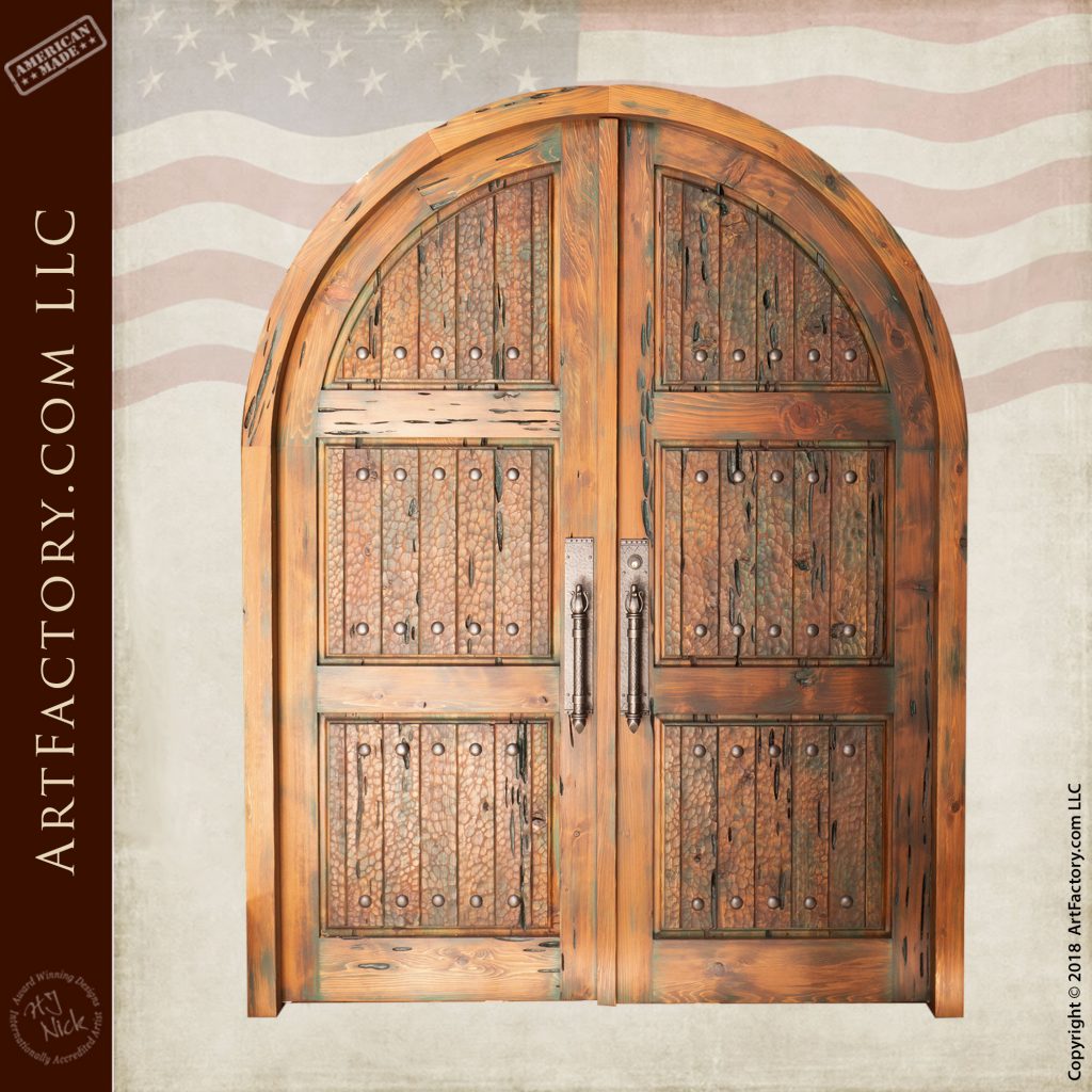 Weathered Raised Grain Wood Double Doors: Rustic Custom Entrances