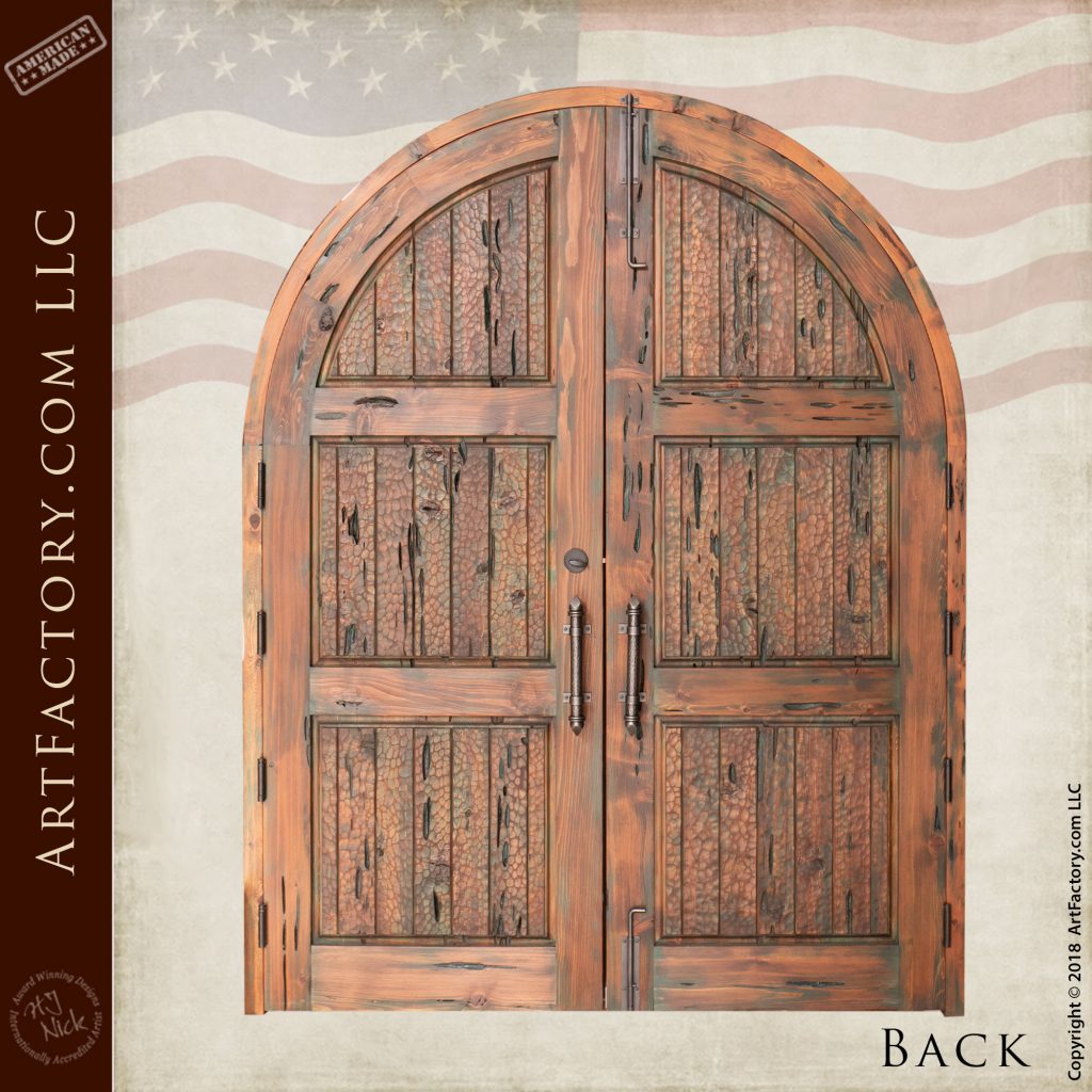 Vertical Planked Panel Entrance: Custom Arched Wood Double Doors