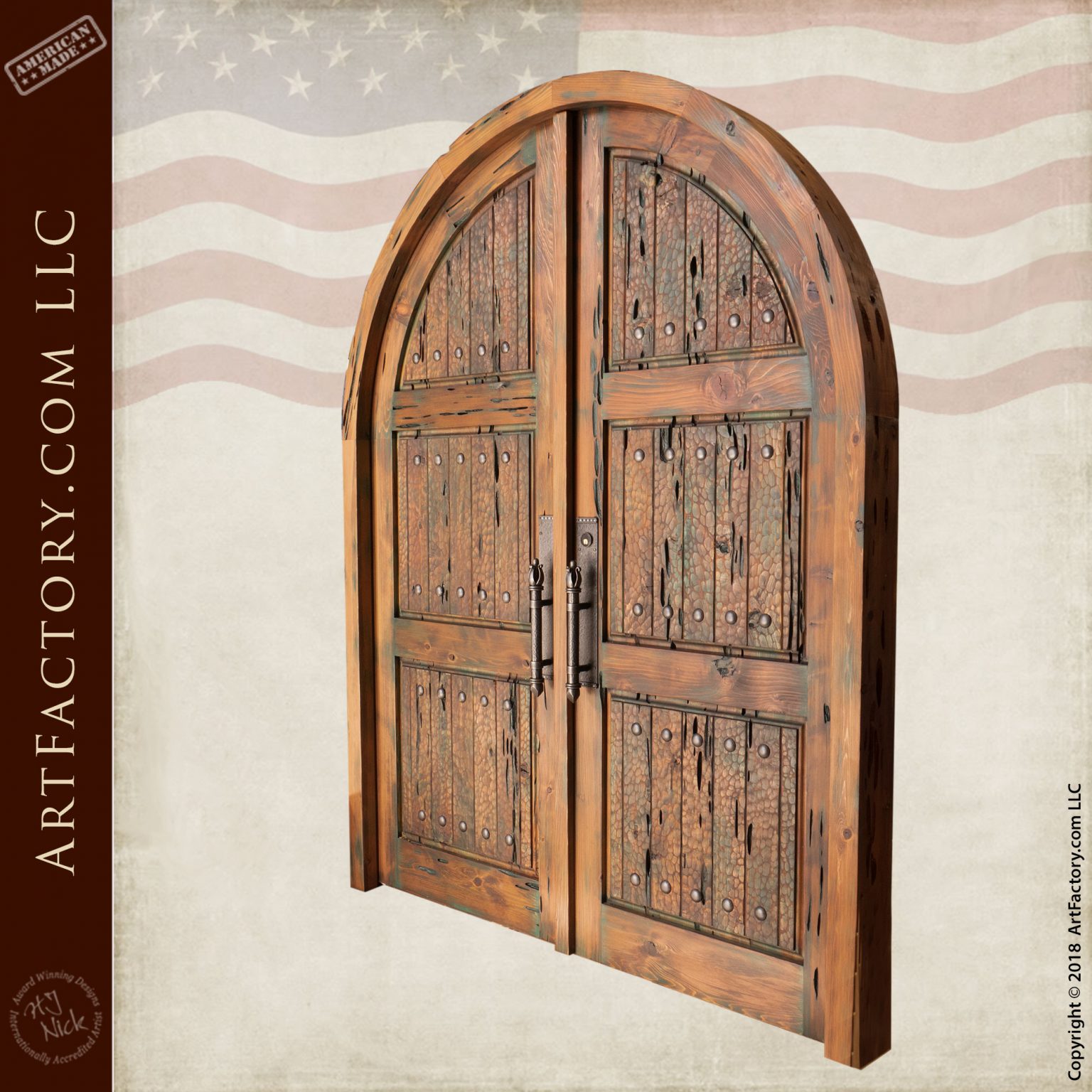 Vertical Planked Panel Entrance: Custom Arched Wood Double Doors