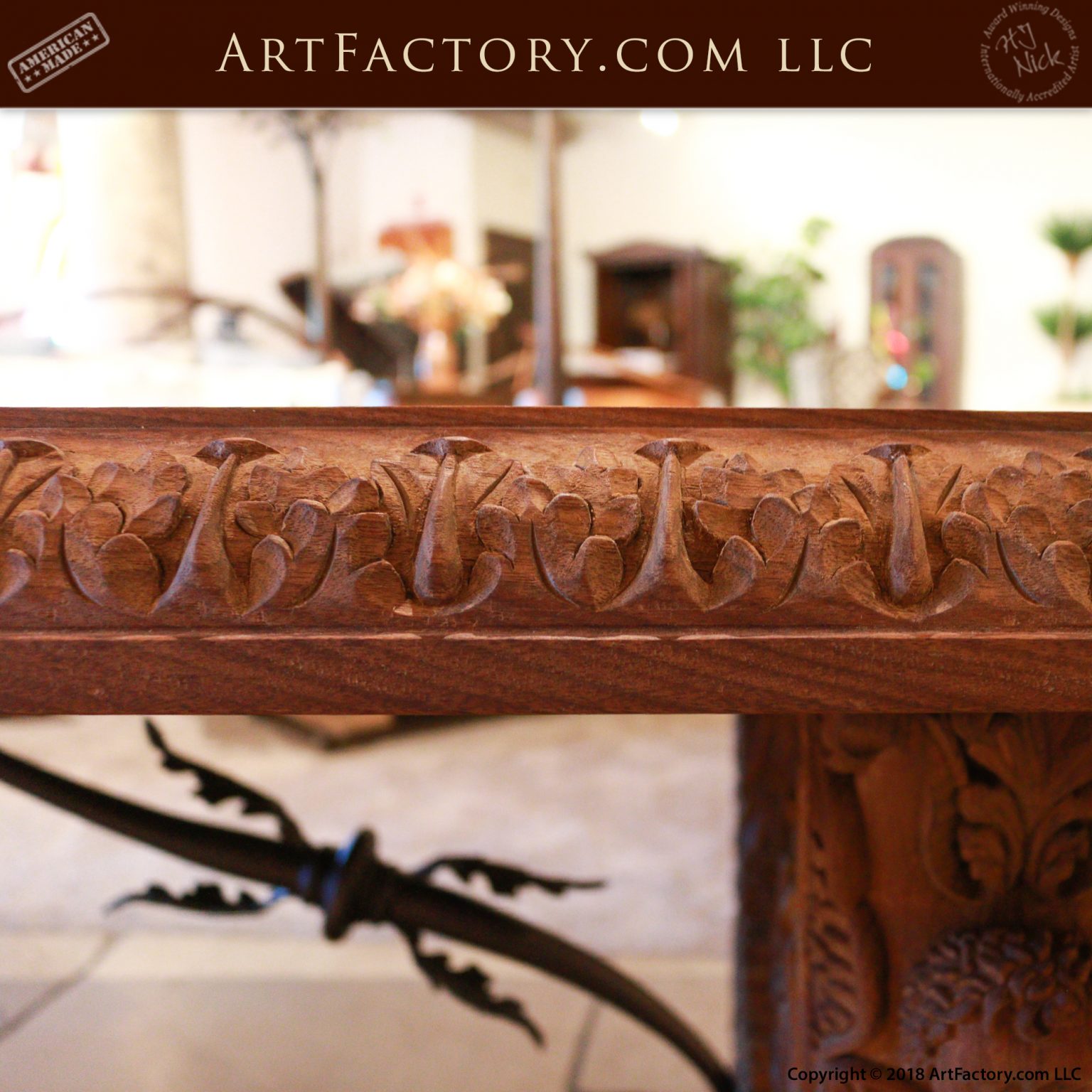 Fine Art Dining Table: Master Hand Carved Solid Matched Grain Walnut