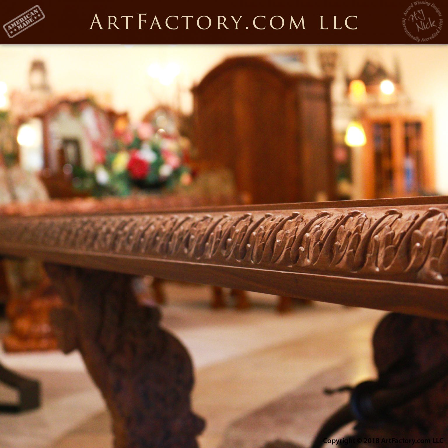 Fine Art Dining Table: Master Hand Carved Solid Matched Grain Walnut