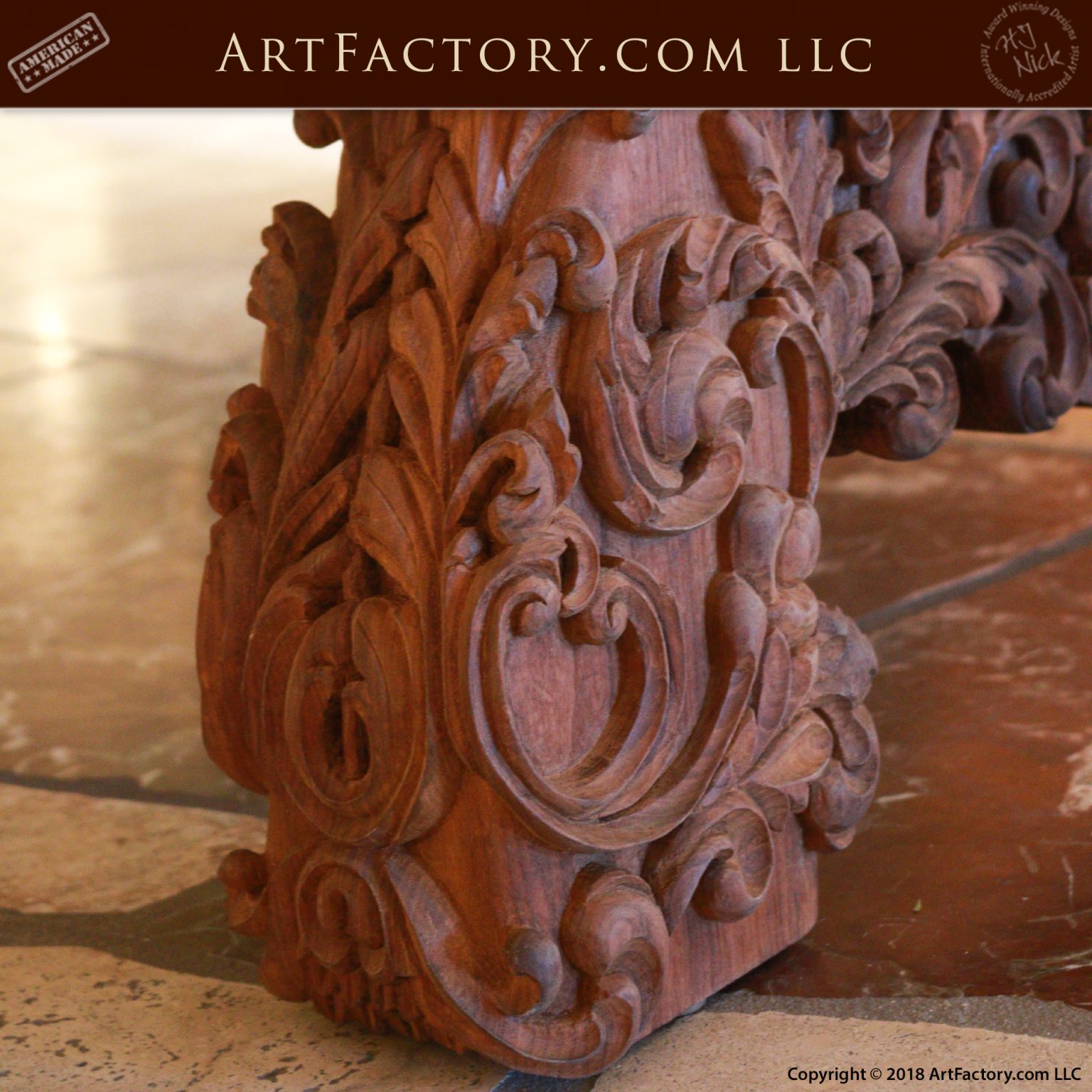 Fine Art Dining Table: Master Hand Carved Solid Matched Grain Walnut