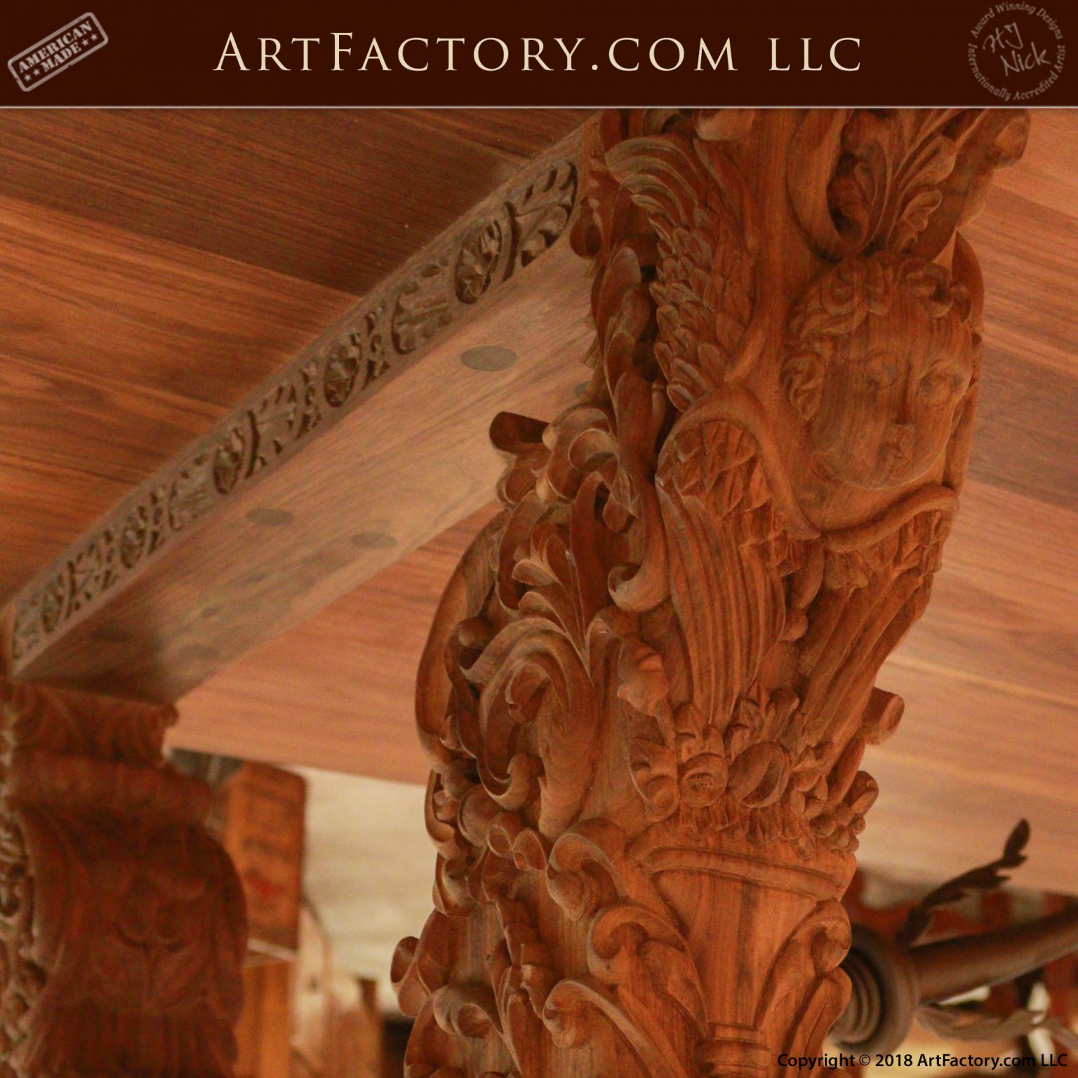Fine Art Dining Table: Master Hand Carved Solid Matched Grain Walnut