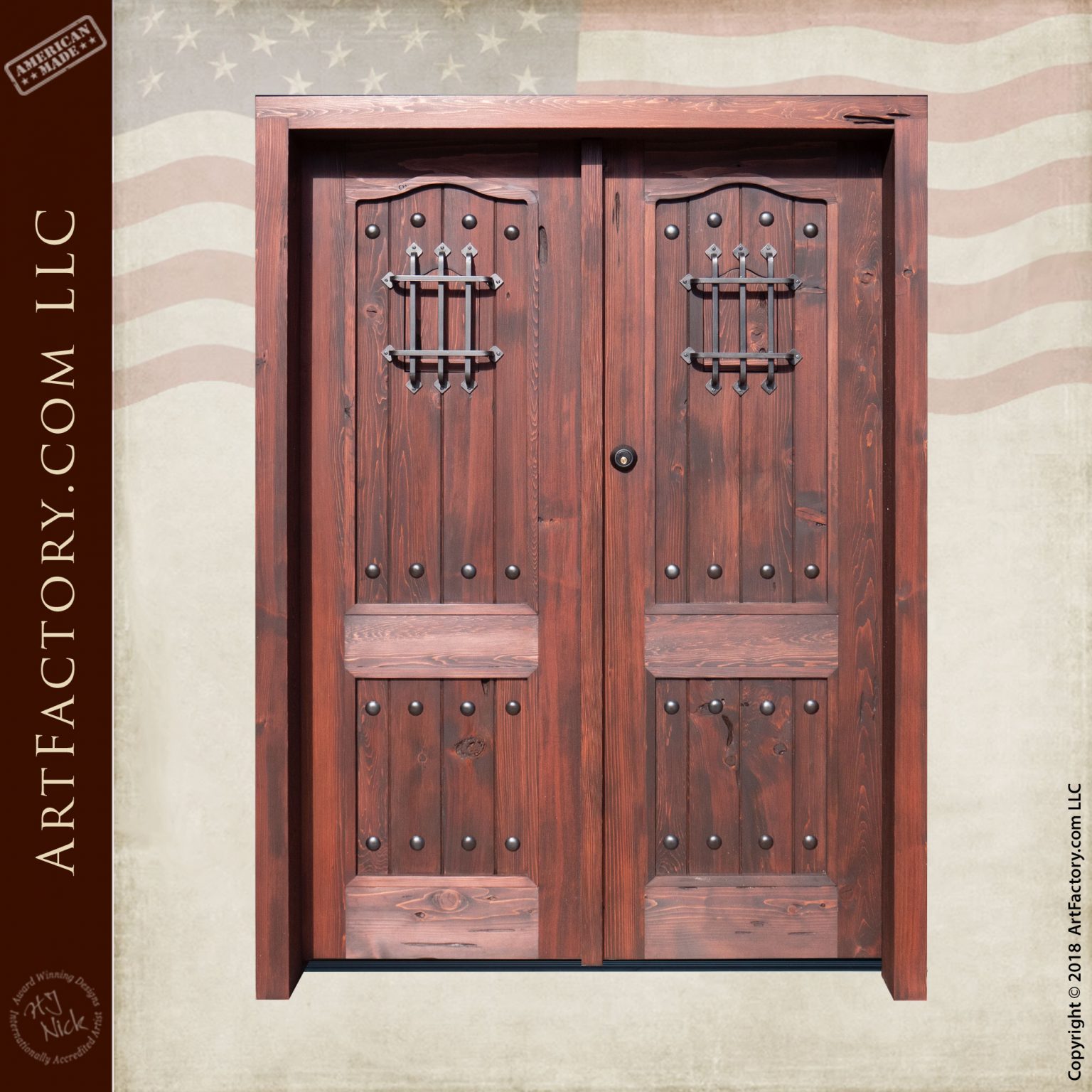 Custom Castle Entrance Doors: Iron Speakeasy Grill & Strap Hinges