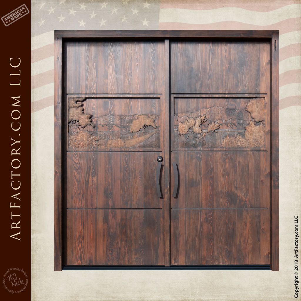 Custom Mountains Carved Entrance: Fine Art Solid Wood Double Doors