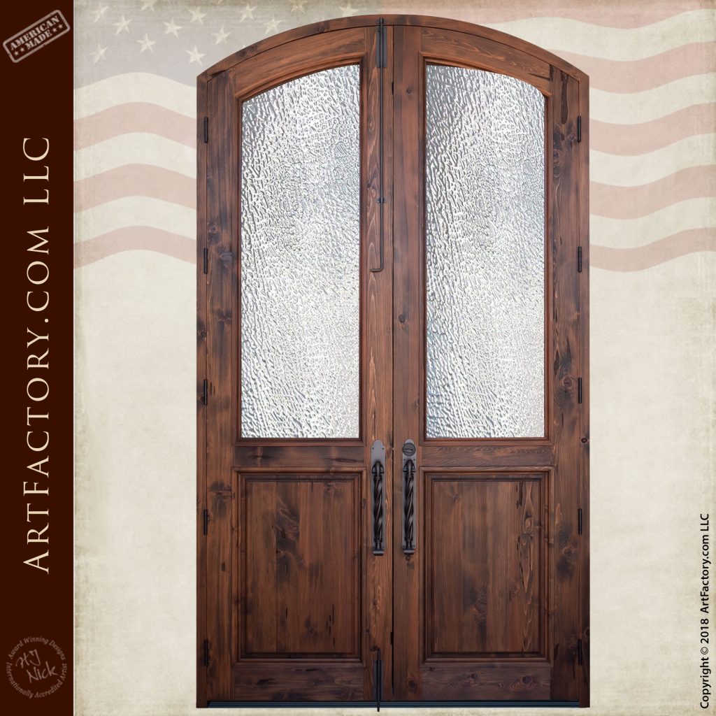 Custom Fine Art Double Doors: Solid Wood, Genuine Wrought Iron Grills