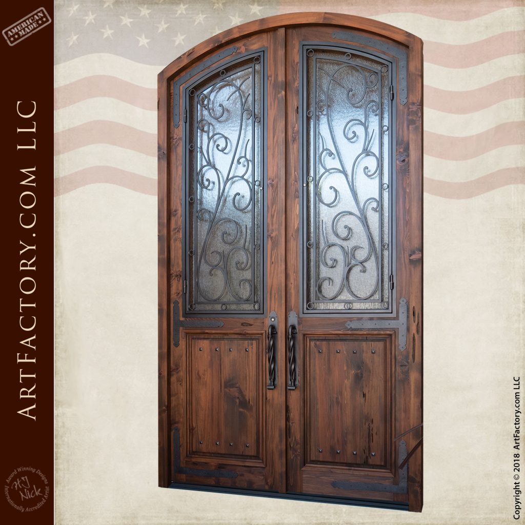 Custom Fine Art Double Doors: Solid Wood, Genuine Wrought Iron Grills