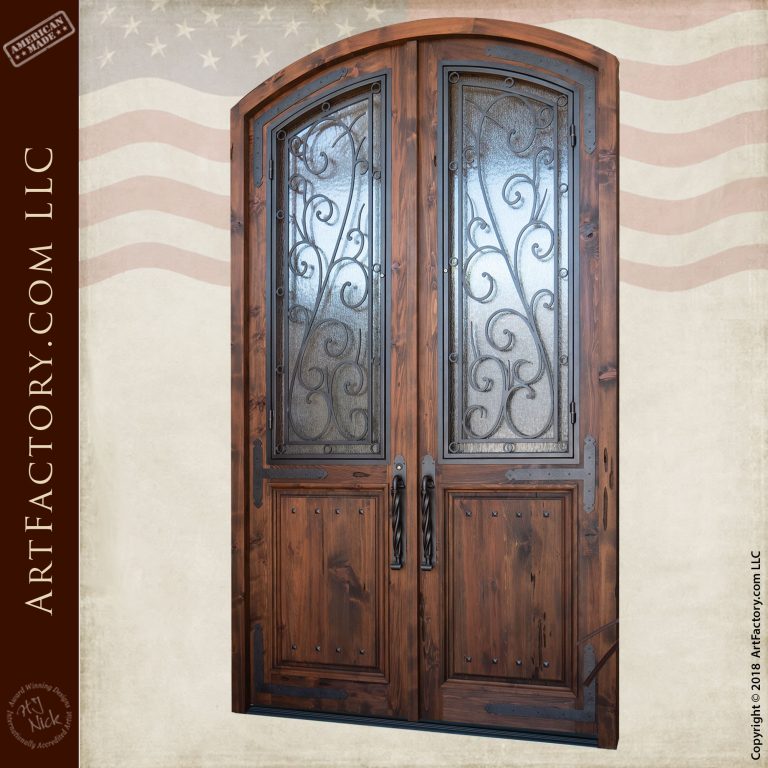 Custom Fine Art Double Doors: Solid Wood, Genuine Wrought Iron Grills