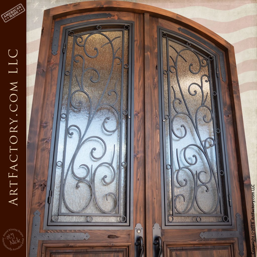 Custom Fine Art Double Doors: Solid Wood, Genuine Wrought Iron Grills