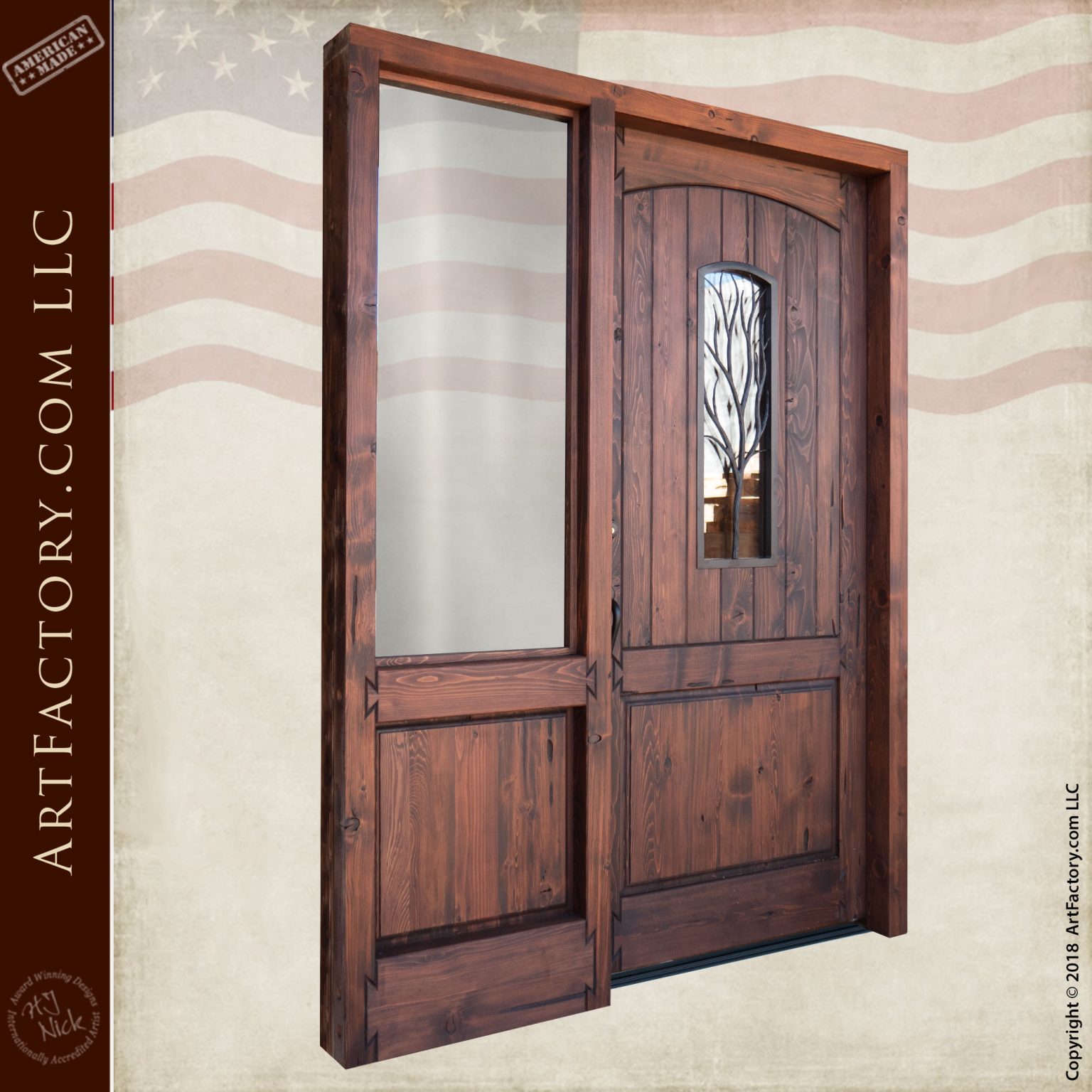 Iron Tree Wooden Door: Custom Solid Wood Entrance With Sidelight