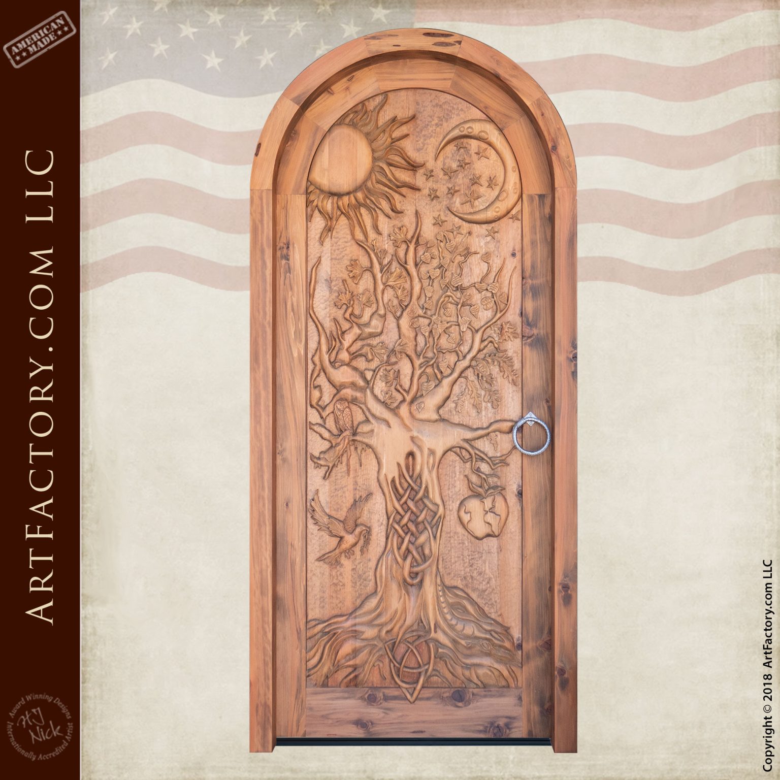 Oak Tree Theme Door: Hand Carved Wood With Decorative Glass Sidelights