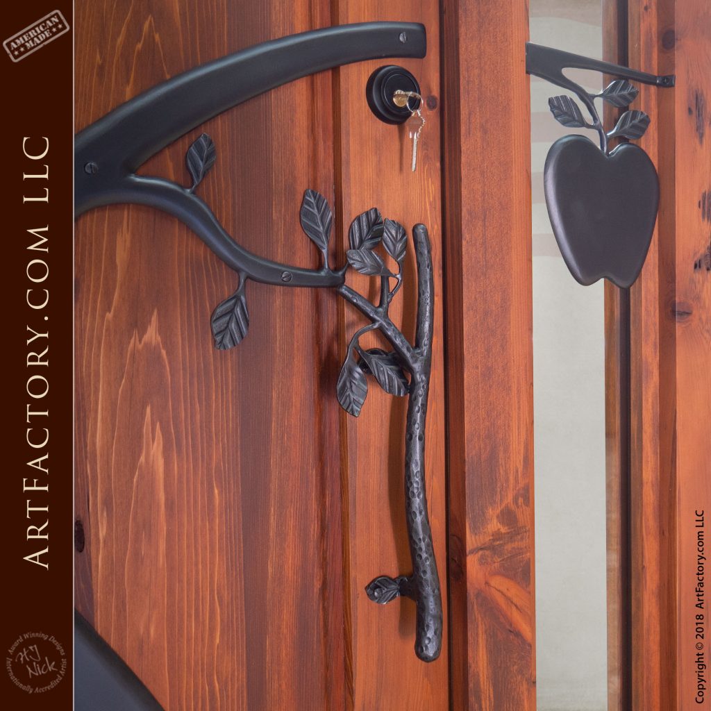Custom Apple Tree Door: Solid Wood Entrance, Hand Forged Iron Overlay