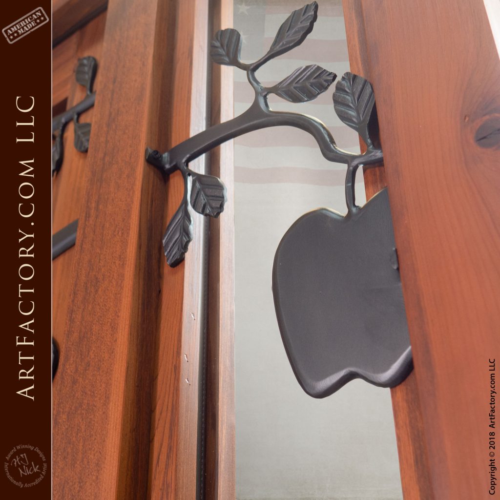 Custom Apple Tree Door: Solid Wood Entrance, Hand Forged Iron Overlay