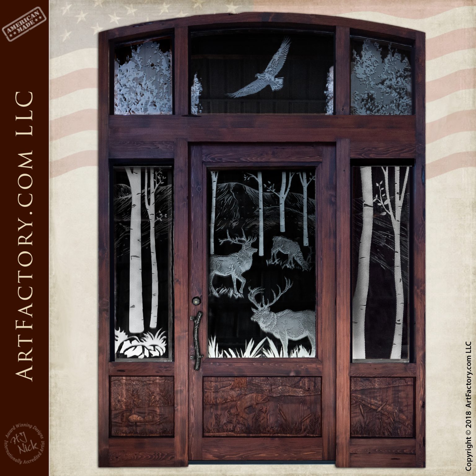 Custom Log Cabin Door: Rustic Solid Wood Entrance With Sidelights