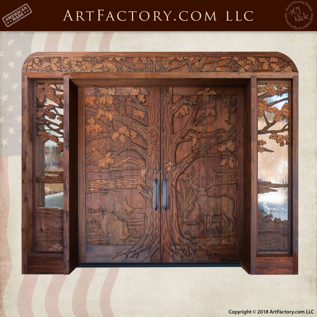 Oak Tree Carved Double Doors: Fine Art Quality Solid Wood Entrances