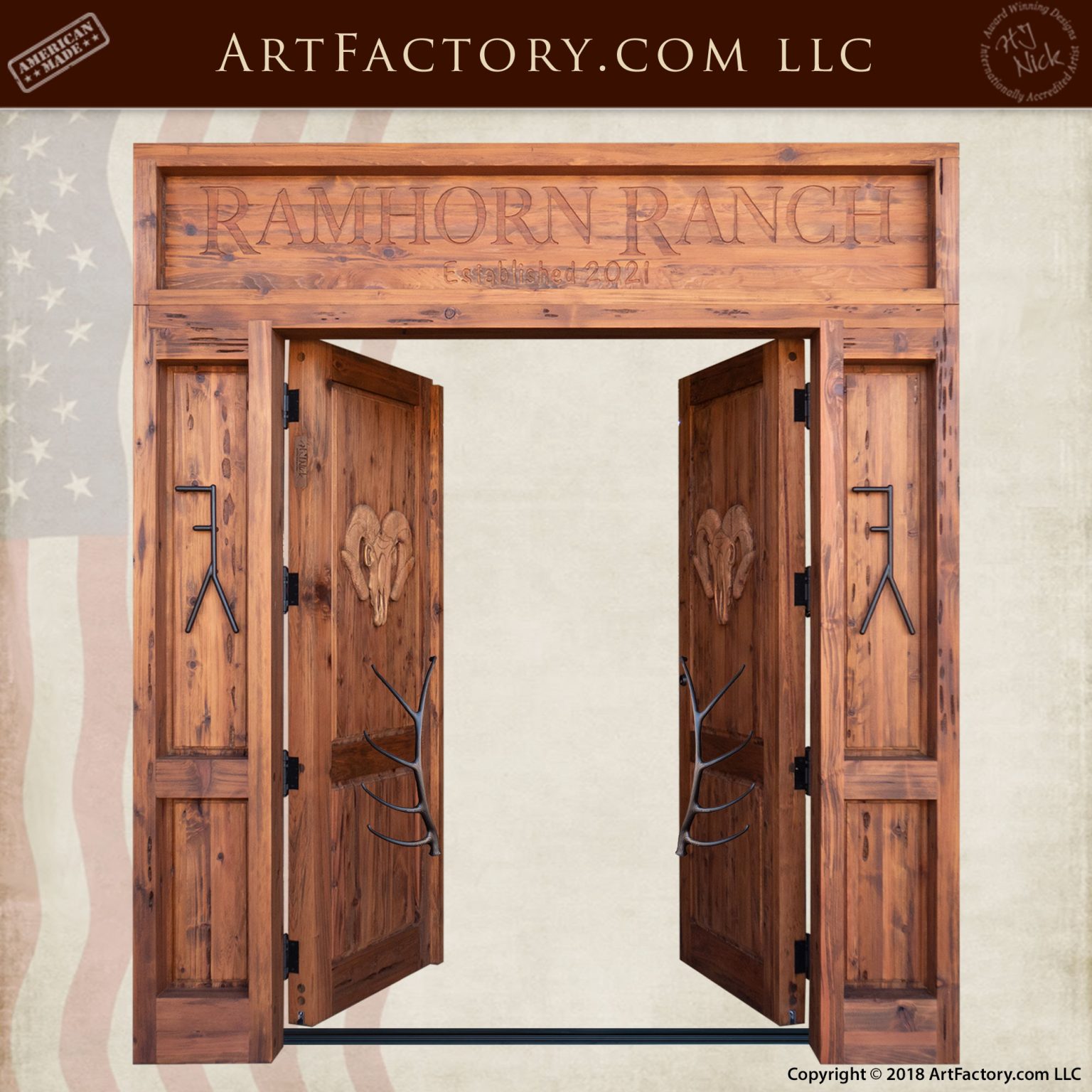 Ramhorn Ranch Custom Entrance: Carved Wooden Double Doors