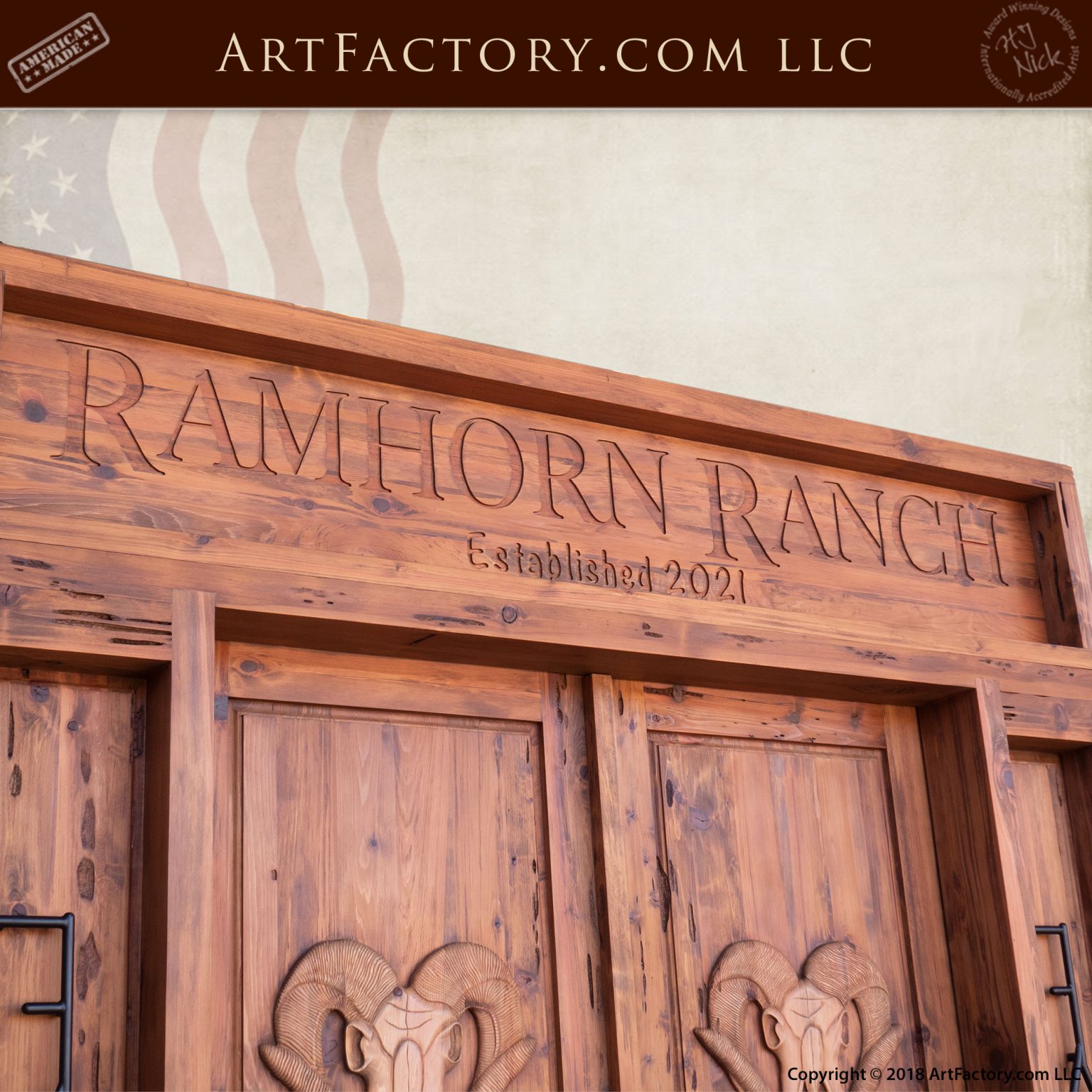 Ramhorn Ranch Custom Entrance: Carved Wooden Double Doors