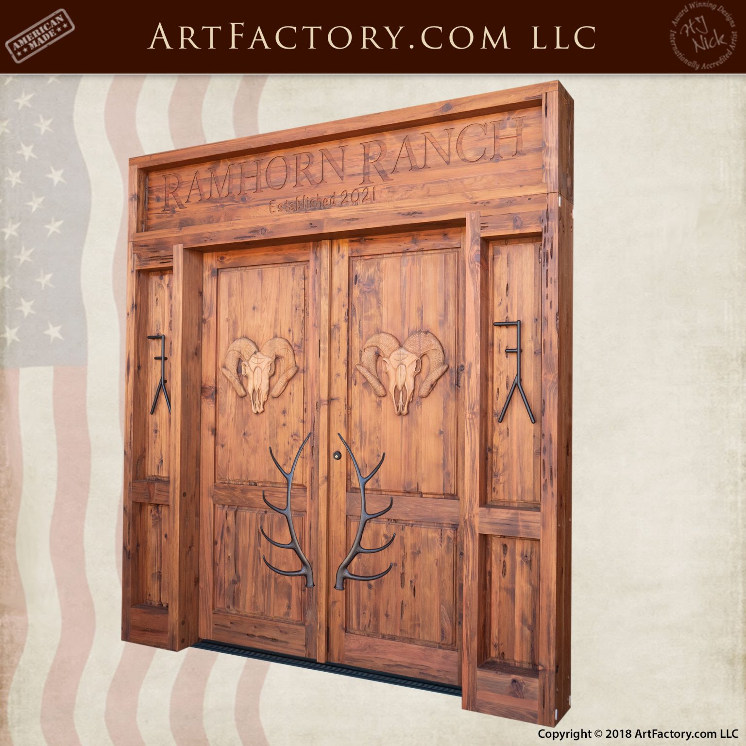 Ramhorn Ranch Custom Entrance: Carved Wooden Double Doors