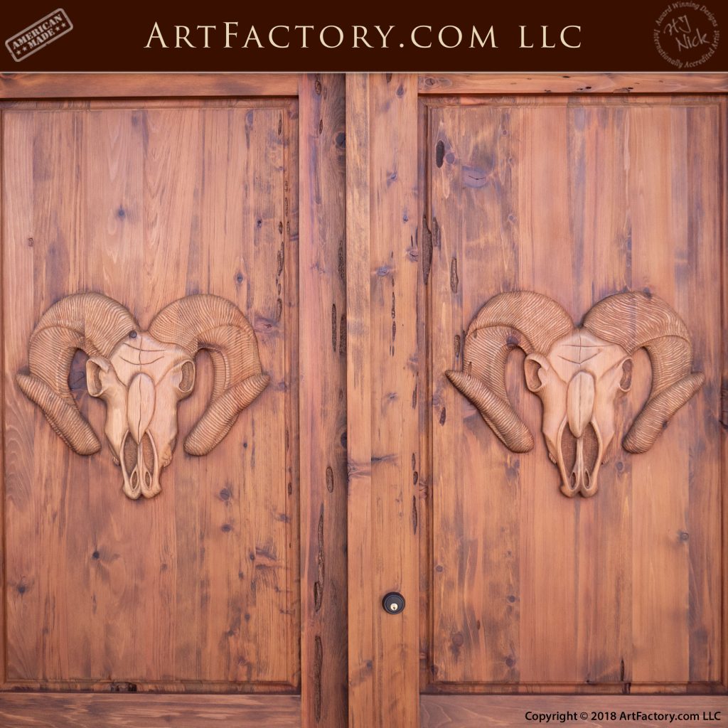 Ramhorn Ranch Custom Entrance: Carved Wooden Double Doors