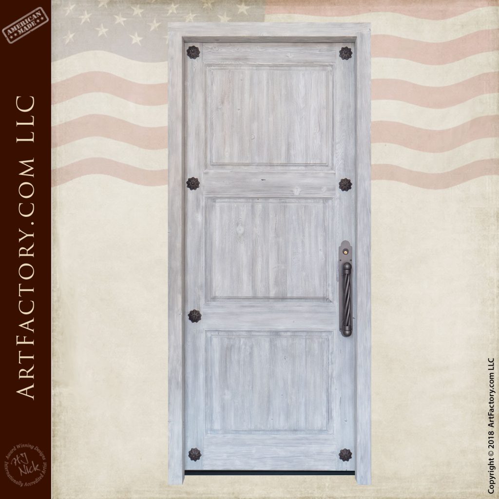 Rustic 3 Panel Door: Solid Wood, Tempered Glass, Wrought Iron Hardware