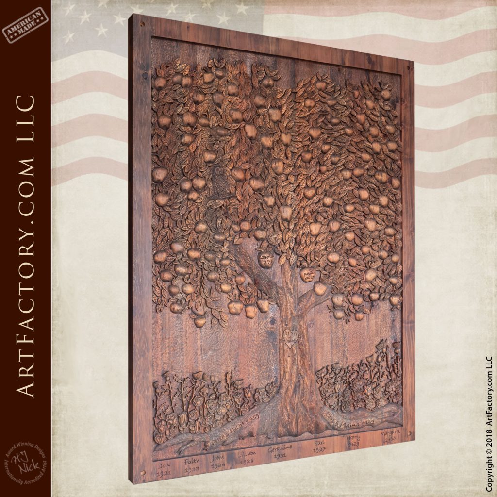 Apple Tree Wall Panel: Custom Hand Carved Wood Family Tree