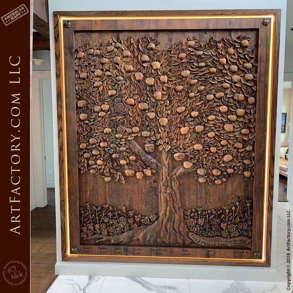 Apple Tree Wall Panel: Custom Hand Carved Wood Family Tree