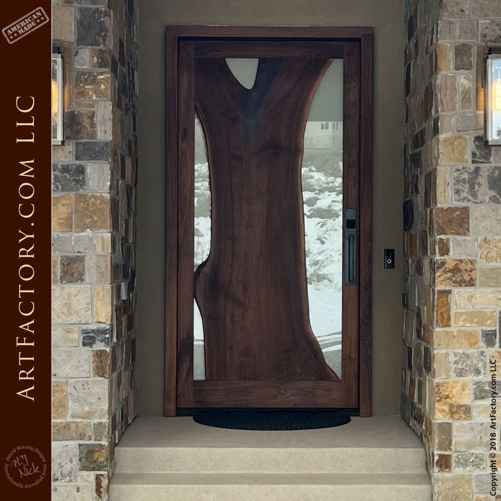 Tree Slab Front Door: Custom Solid Wood With Hand Cut Glass