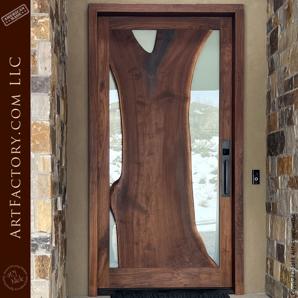 Tree Slab Front Door: Custom Solid Wood With Hand Cut Glass