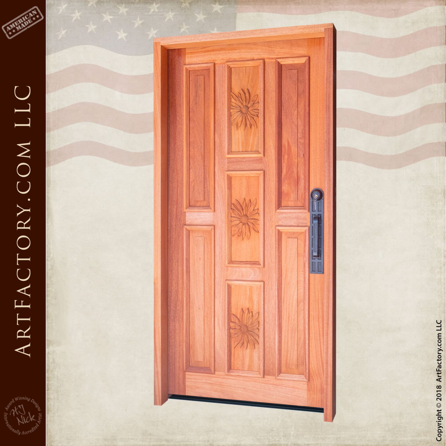 Custom Mahogany Carved Door: Fine Art Daisy Wood Carving