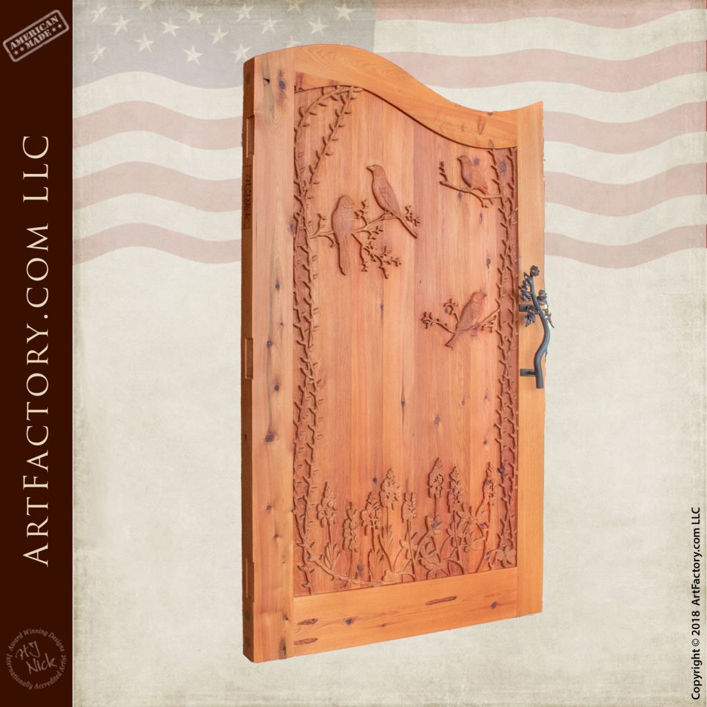 Custom Sparrow Carved Garden Gate: Solid Wood With Wave Top