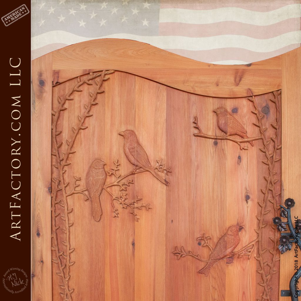 Custom Sparrow Carved Garden Gate: Solid Wood With Wave Top
