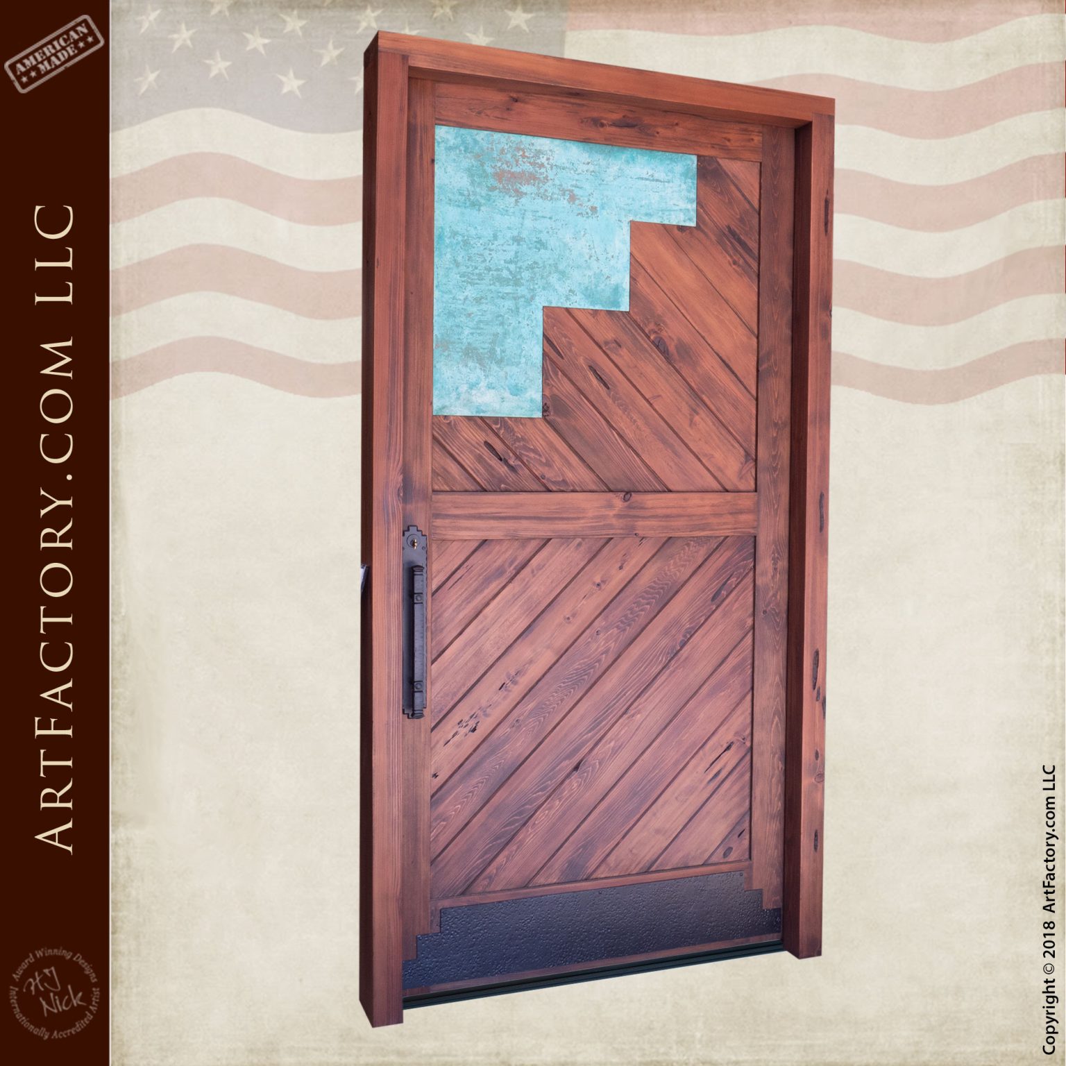 Diagonal Plank Southwestern Door: Custom Copper Accent Panel