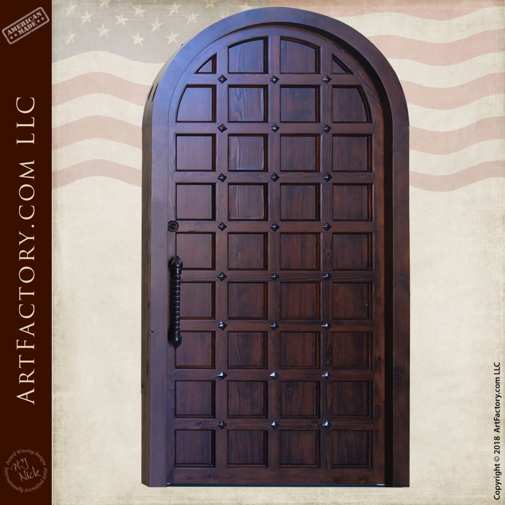 Arched Wooden Fortress Door: Custom Ornamental Iron Clavos