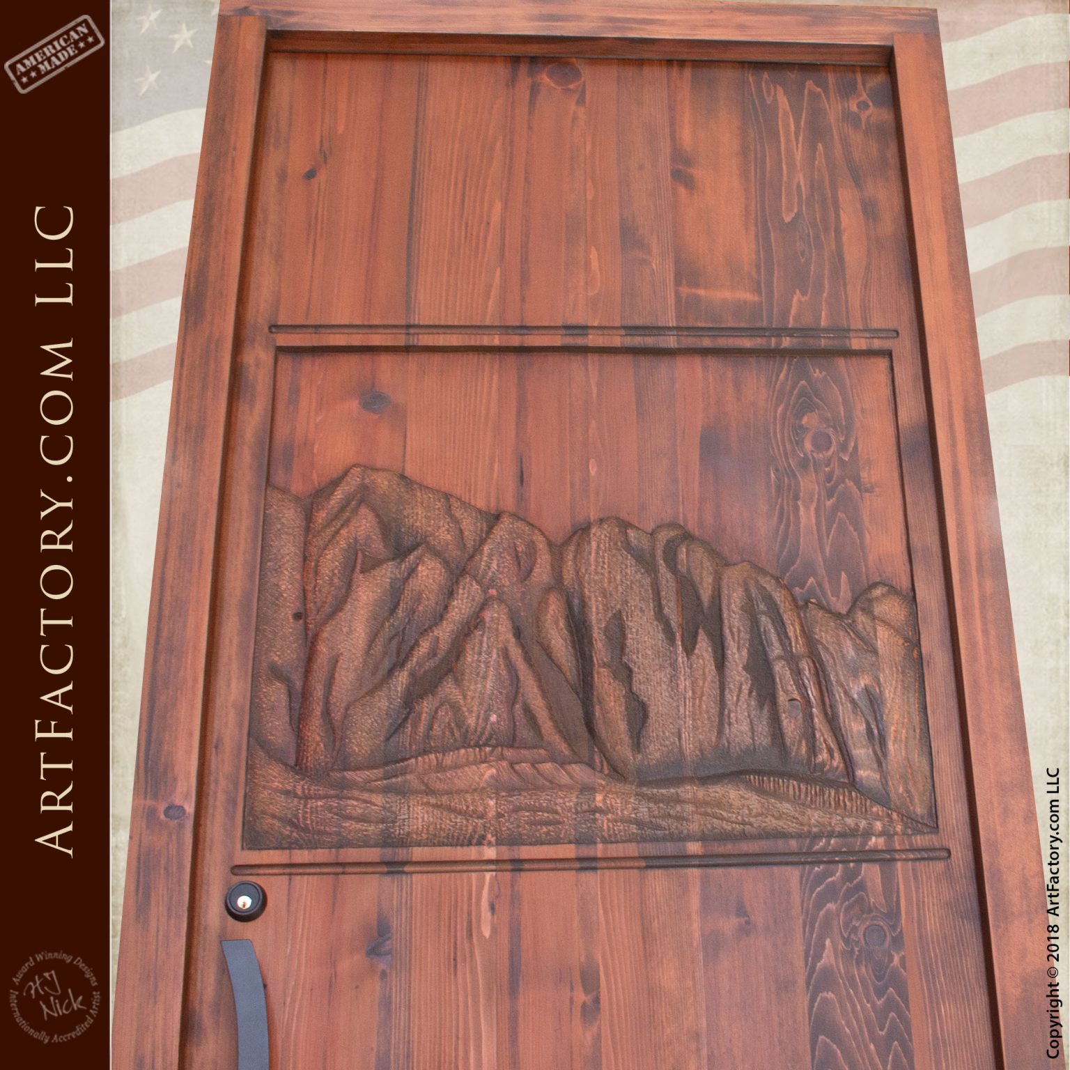 Mountain Carved Front Door: Custom Handmade From Solid Wood