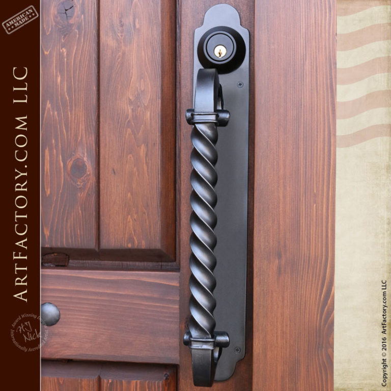 Offset Spiral Twist Door Pull: With Matching Hand Forged Iron Backplate